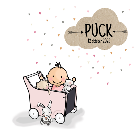 Hippe geboortekaart voor meisje in loopkar