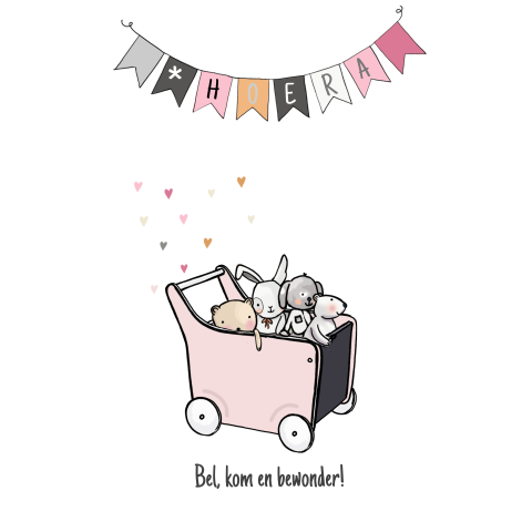 Hippe geboortekaart voor meisje in loopkar