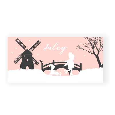 Winter geboortekaartje met silhouet van zusjes op de slee bij molen