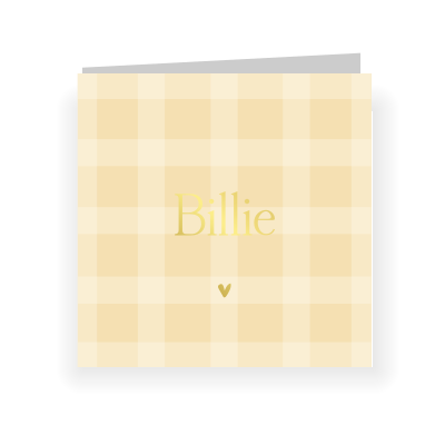 Geboortekaartje geel met ruitjes en goudfolie hartje
