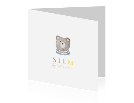 Lief geboortekaartje met getekende beer en goudfolie opdruk